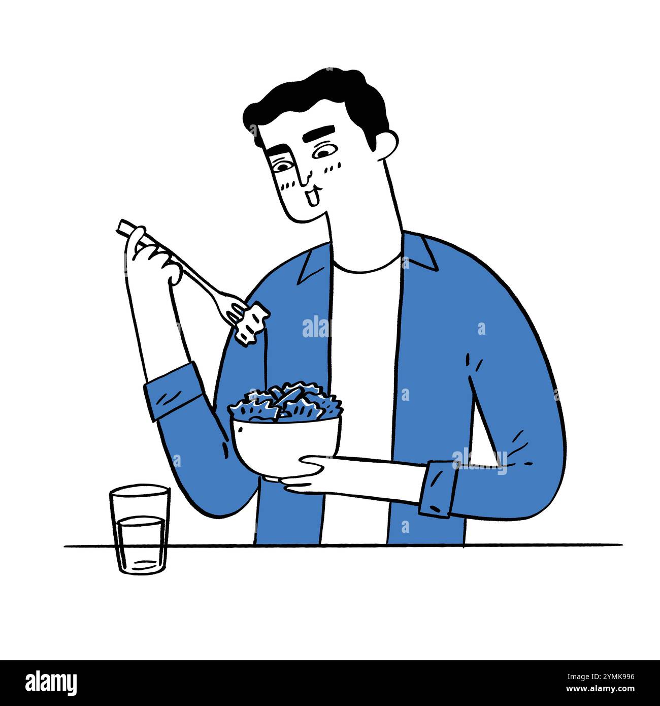 Man eating vegetarian food from a large bowl. Hand drawn vector ...