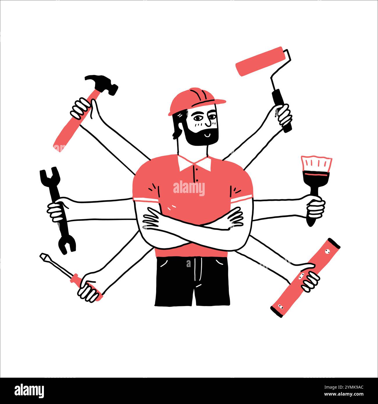Professional handyman with many tools on his hands. Hand drawn vector ...