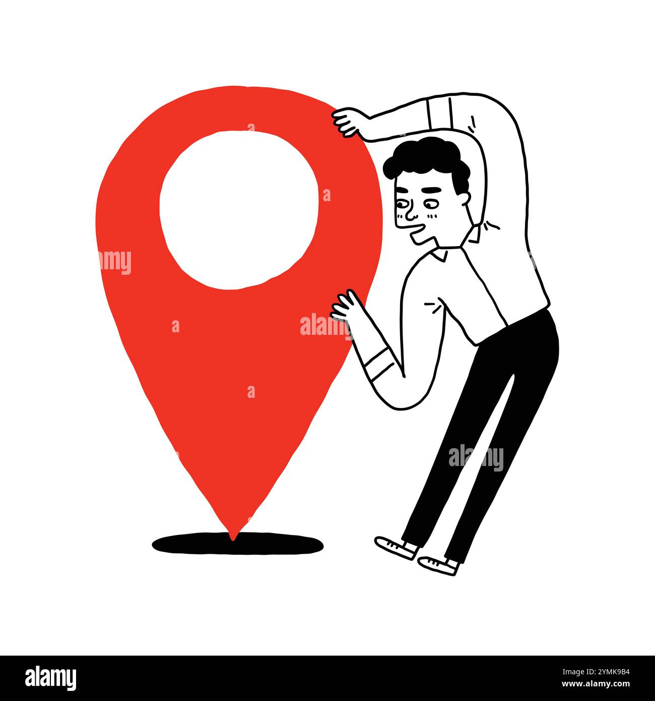 Cartoon character young man holding a big map marker. Hand drawn vector ...