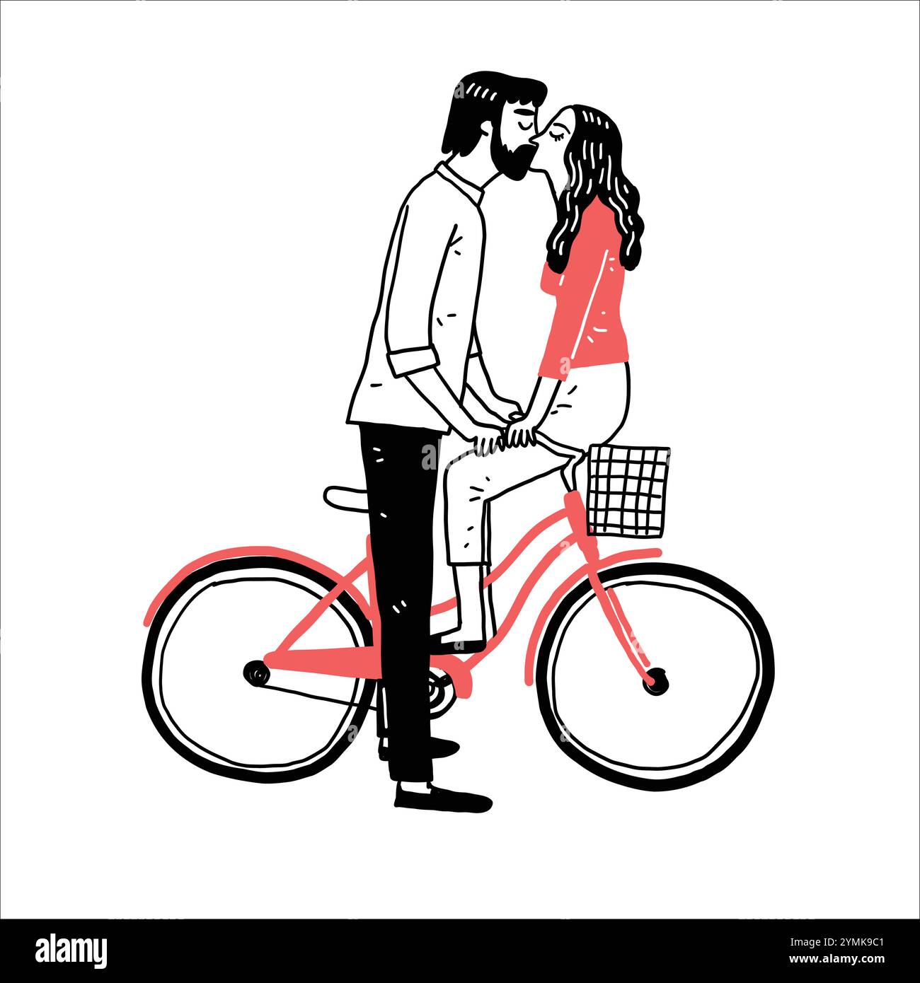 Couple kissing on a bicycle. Hand drawn vector illustration line art ...