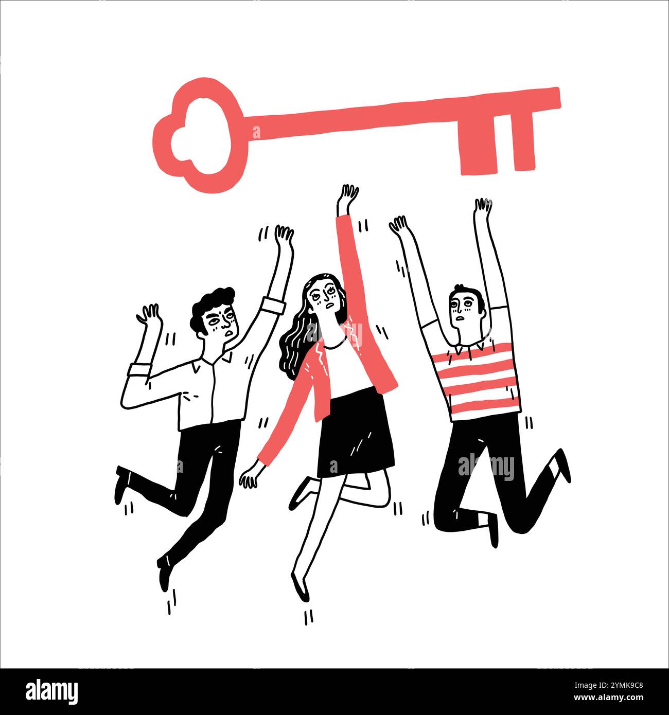 Businessman or employees are jumping reach to a big key. Hand drawn ...