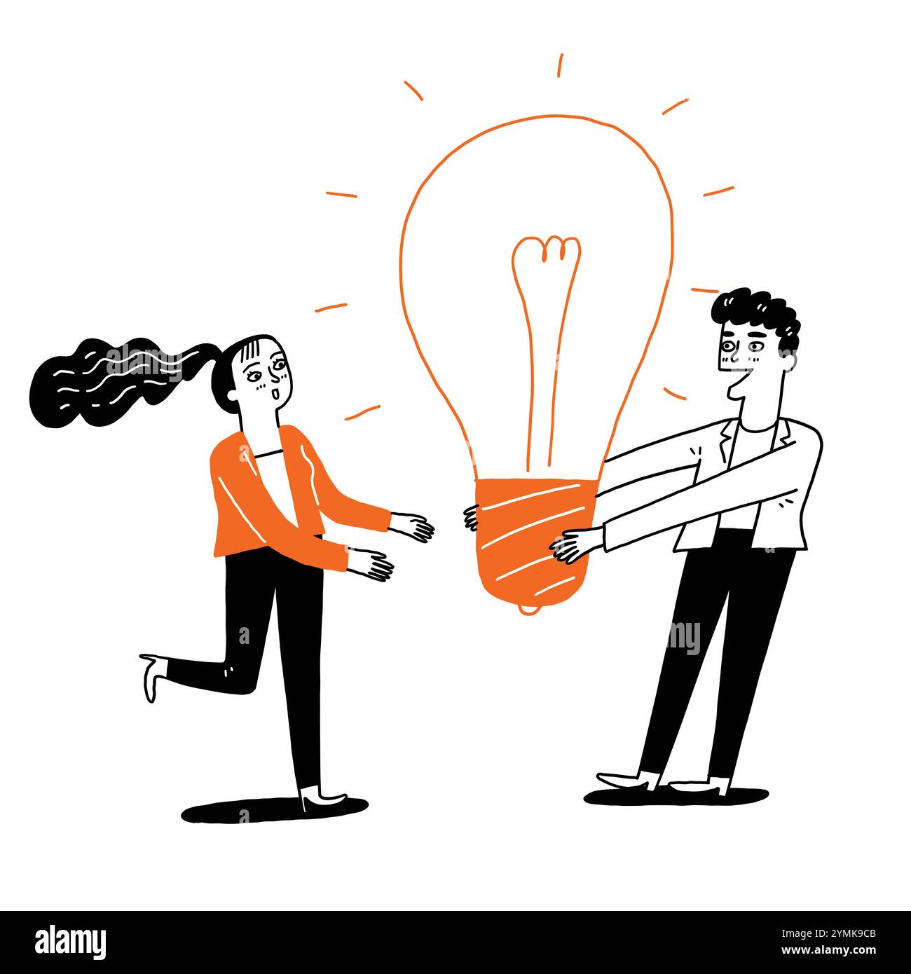 Senior supervisor Give a light bulb to a newcomer. Hand drawing vector ...