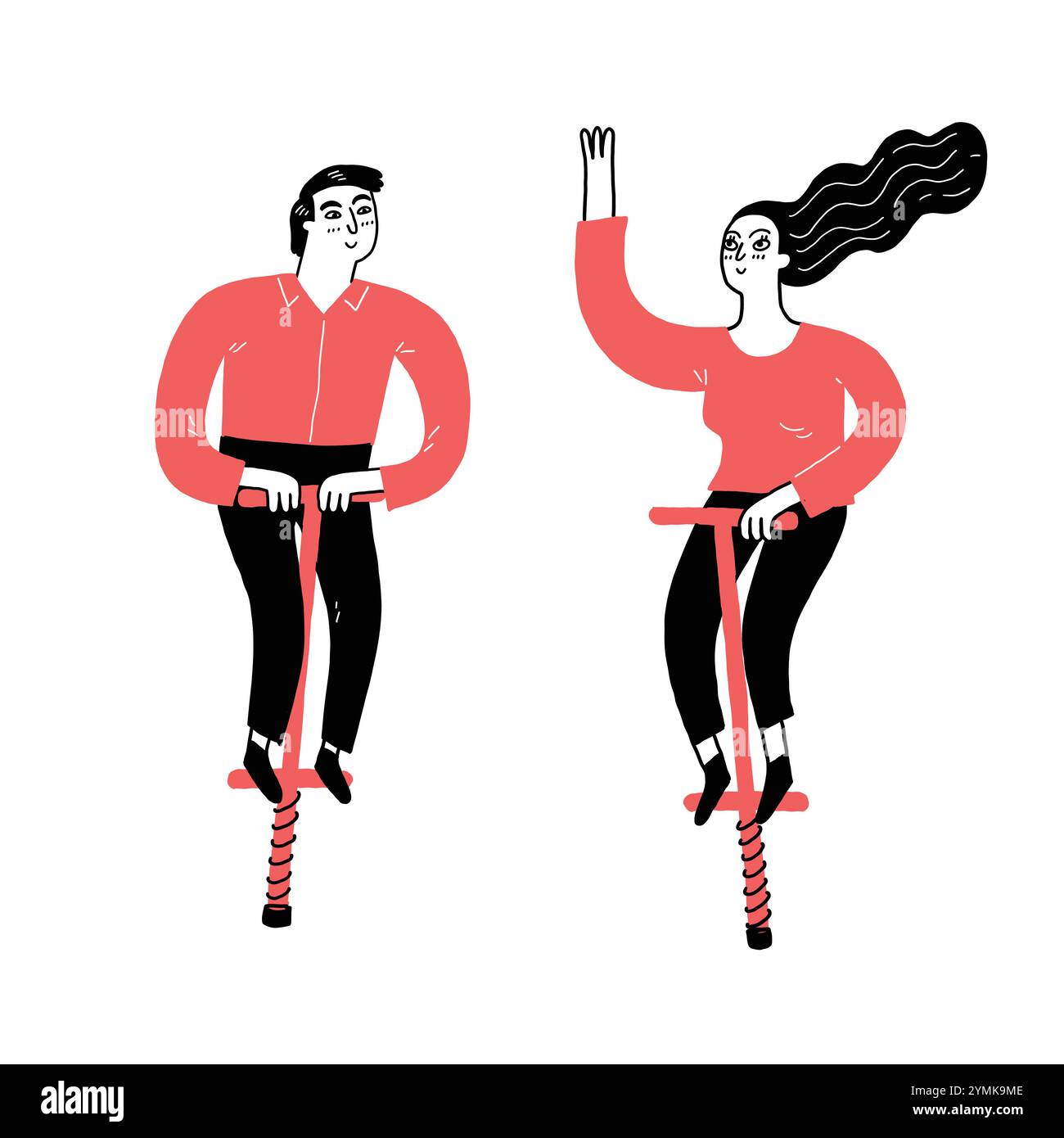 Full length portrait of a couple bouncing on a pogo stick on white ...