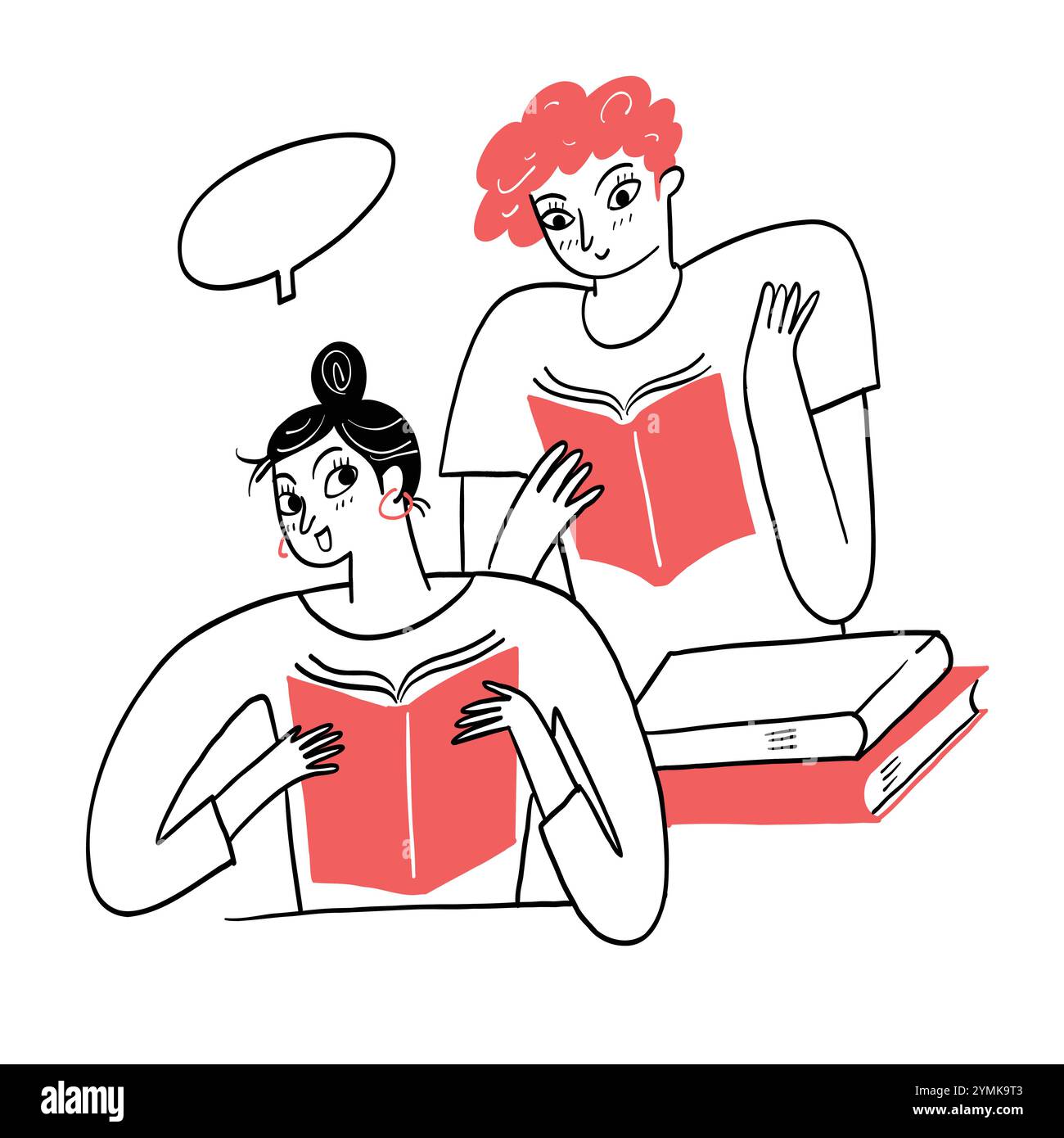 Pretty girls spend time read book together. Hand drawn doodle vector ...