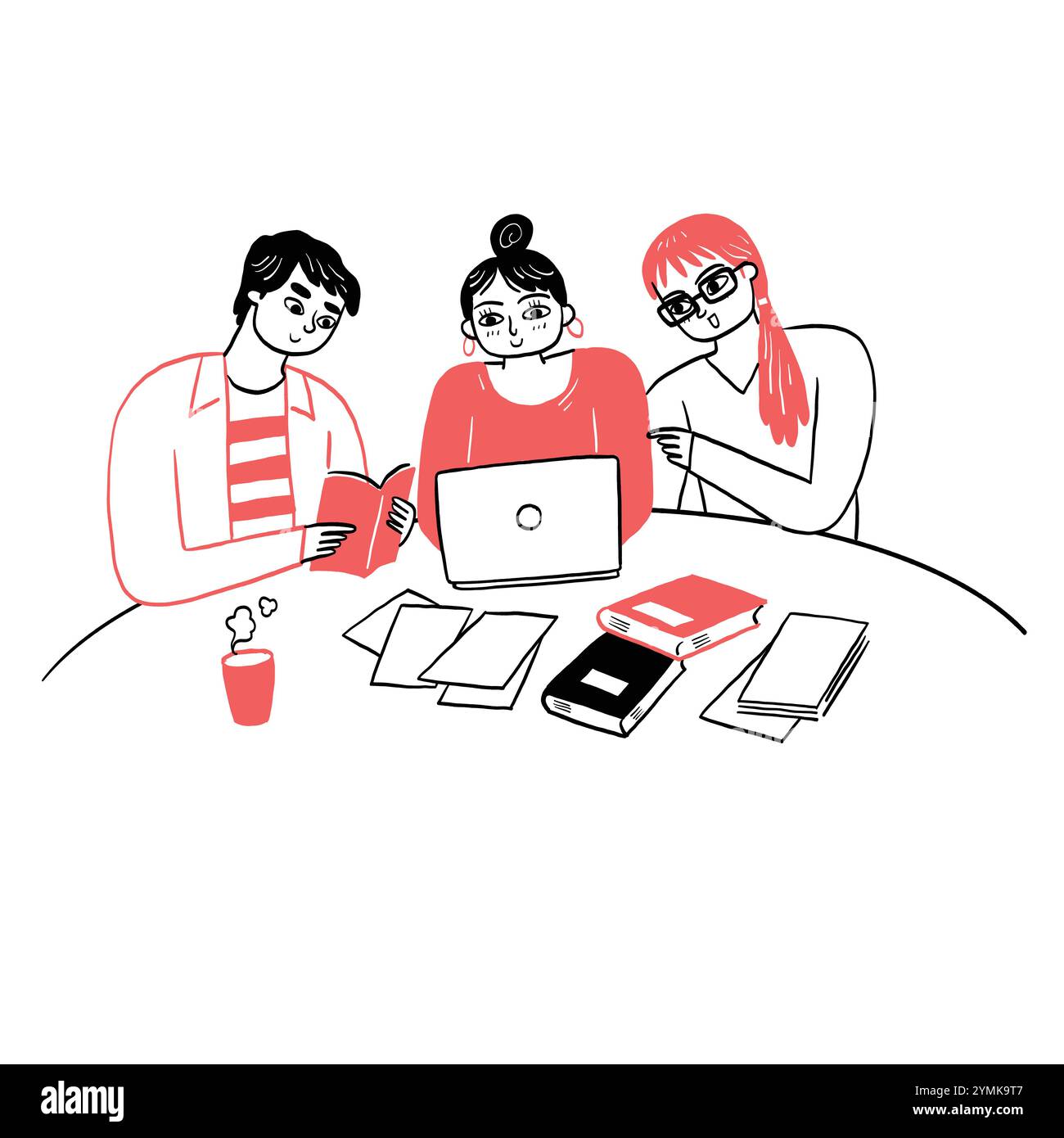 Young people study together with books and laptop prepare for school ...