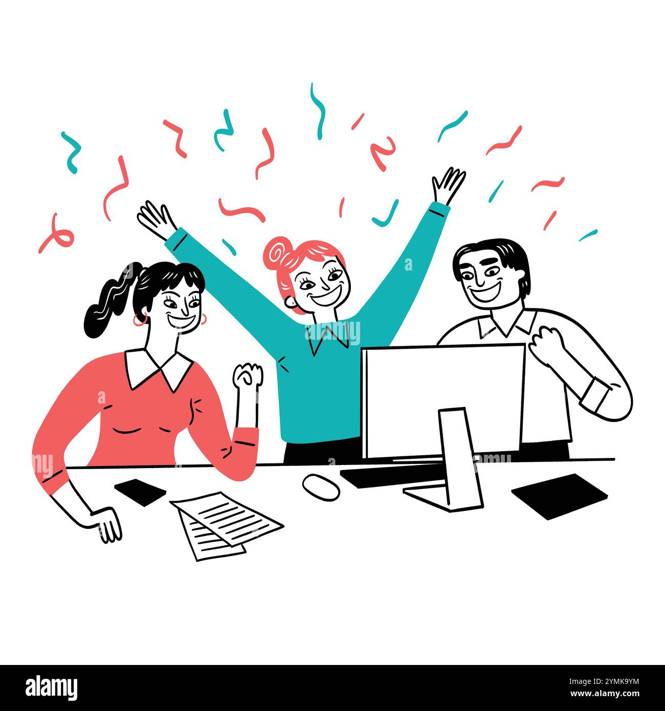 Three people celebrating at a desk with a computer, colorful confetti ...