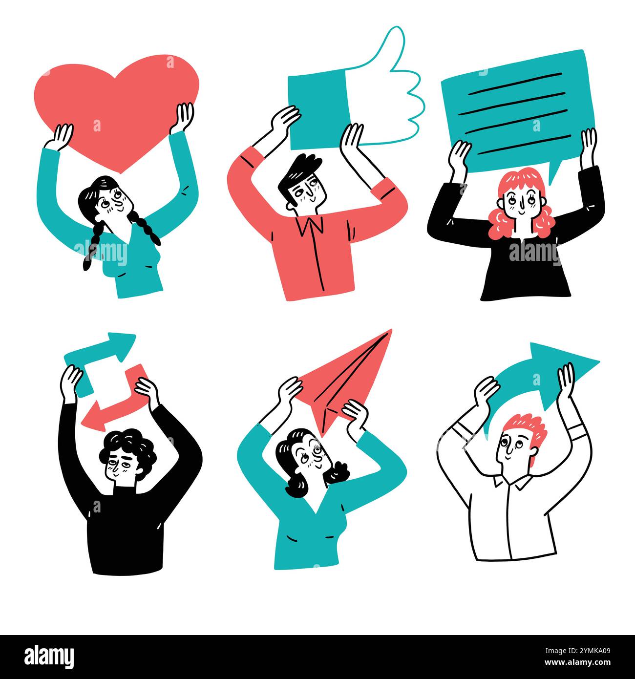 Icons depicting social media and communication concepts, Hand drawing ...