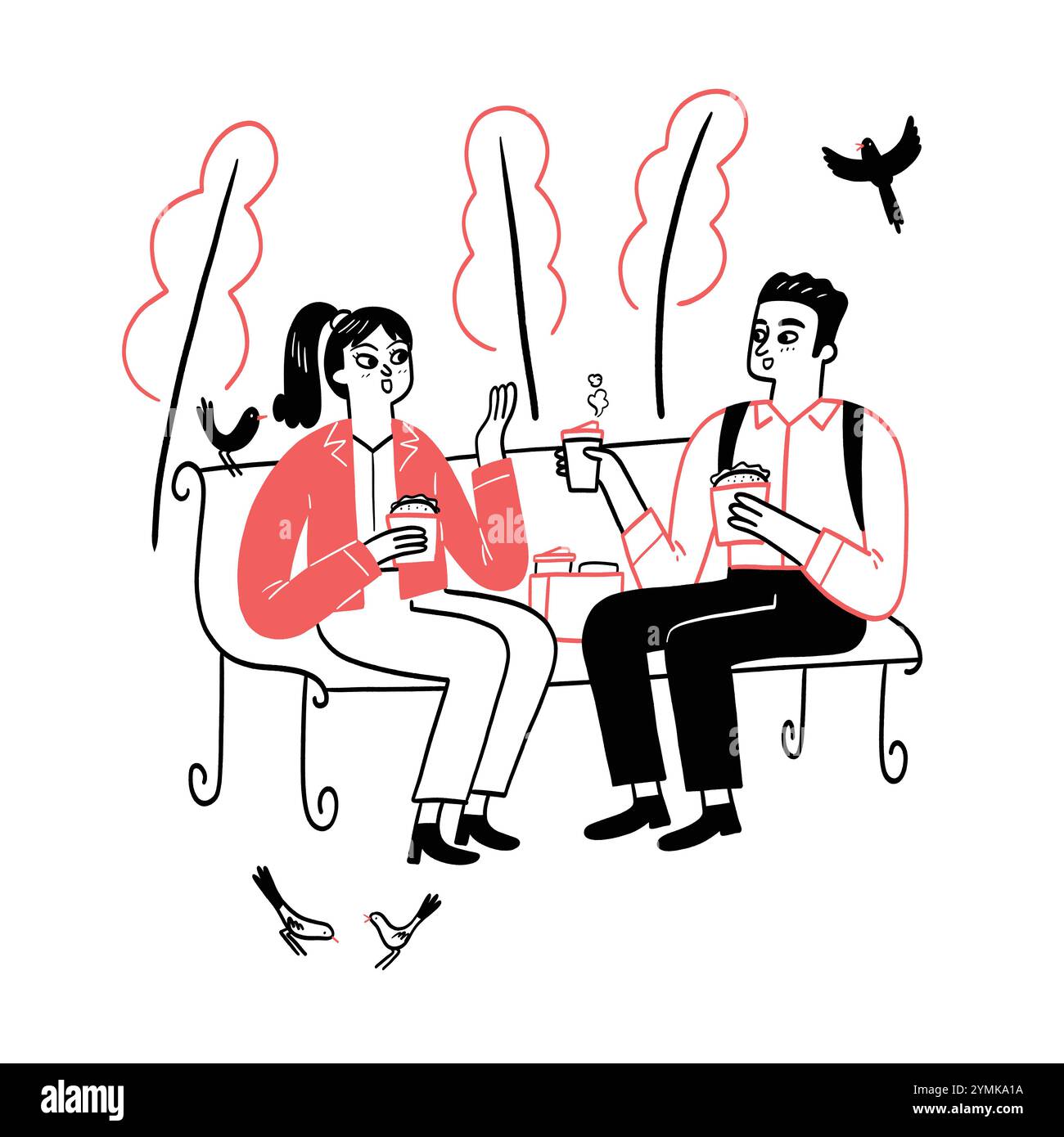 A couple is sitting on a park bench, having a conversation while ...