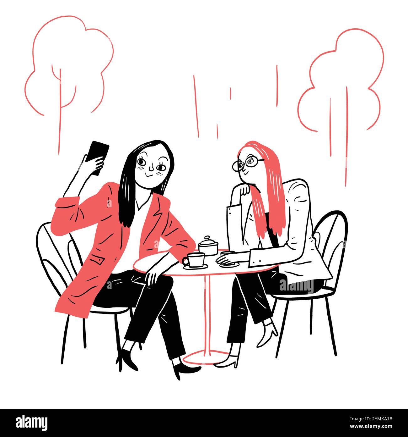 Young women drinking coffee and having a conversation minimalistic ...