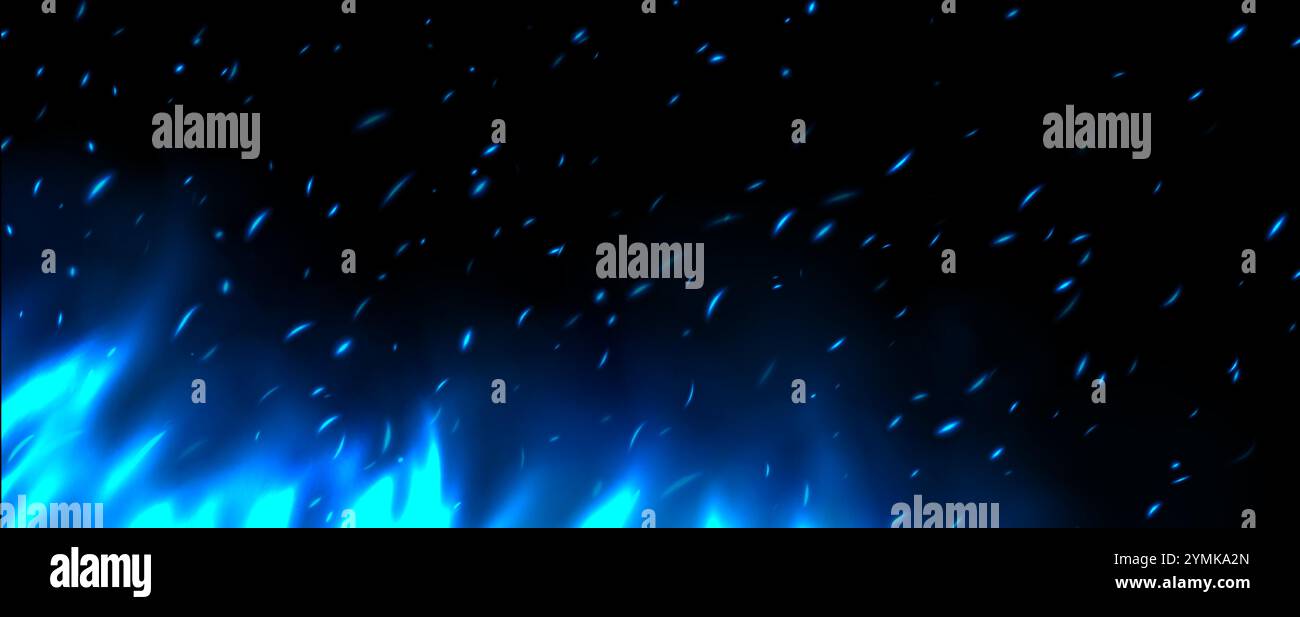 Blue flame with sparks, fire with flying cinder, abstract glowing ...
