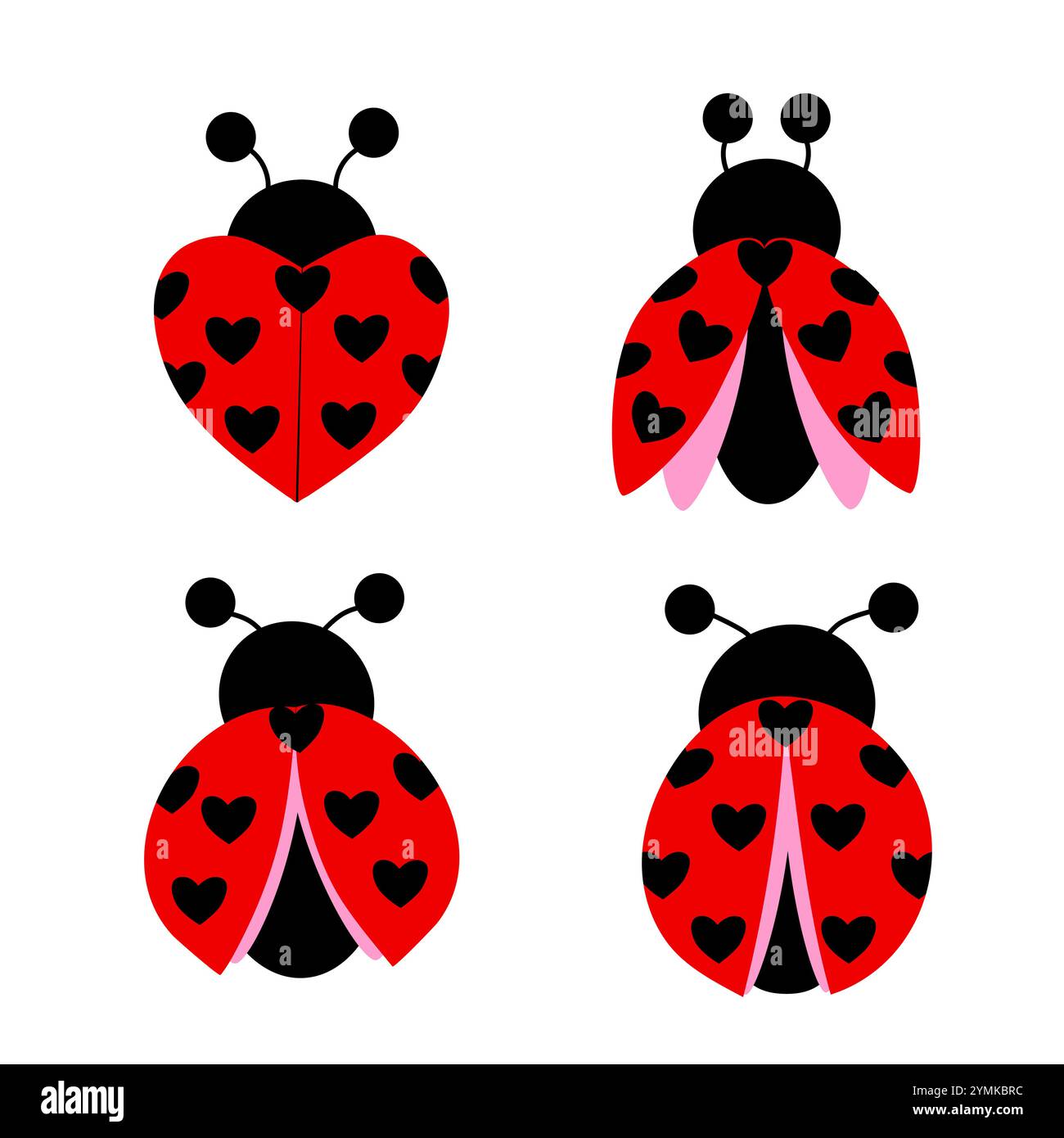 colorful set of ladybugs with hearts, on a white background. hand drawn ...