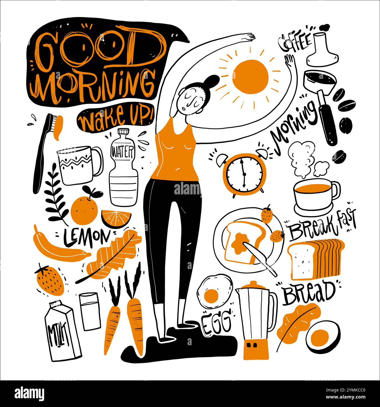 Collection of hand drawn in morning. Vector illustration in sketch ...