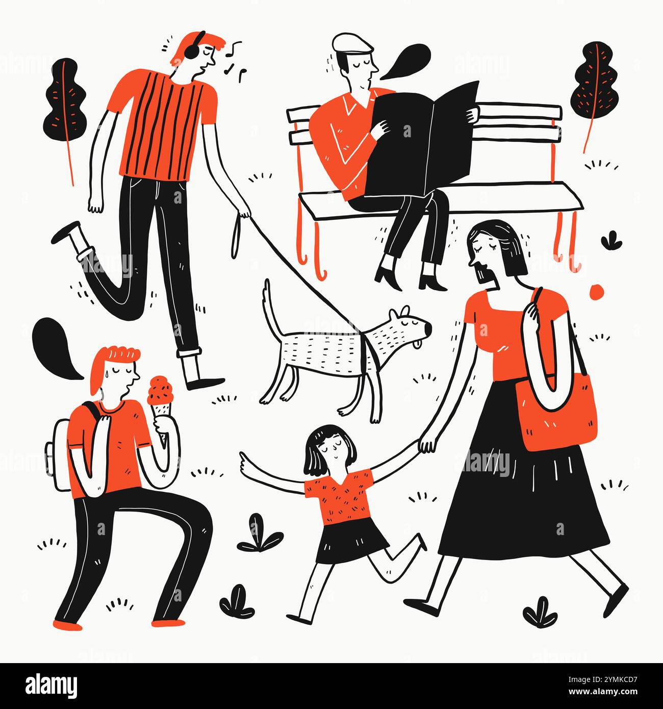 Collection of hand drawn people on the park. Vector illustrations in ...