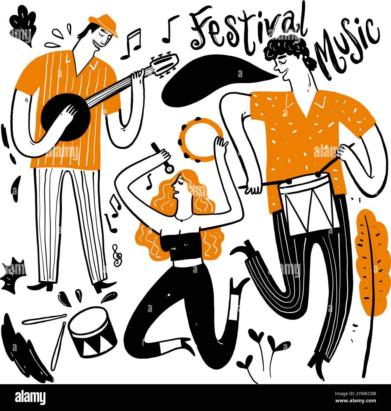 Hand drawing the musicians playing music. Vector Illustration doodle ...