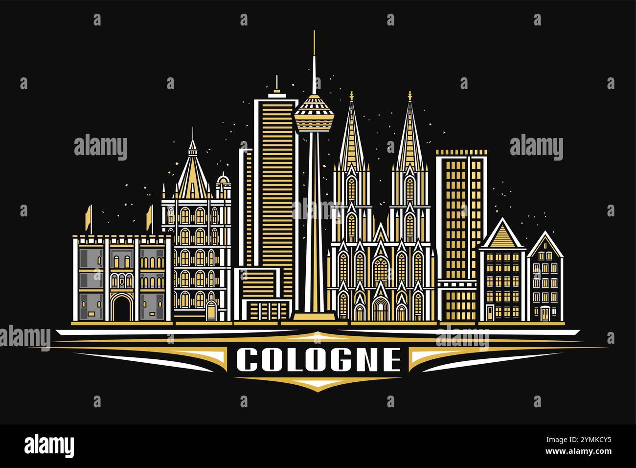 Vector illustration of Cologne, dark horizontal card with linear design ...