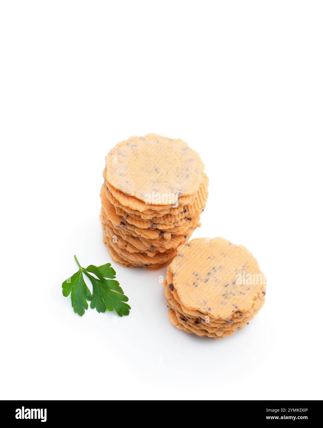 Stack of thin round crispbreads with herbs isolated on white Stock ...