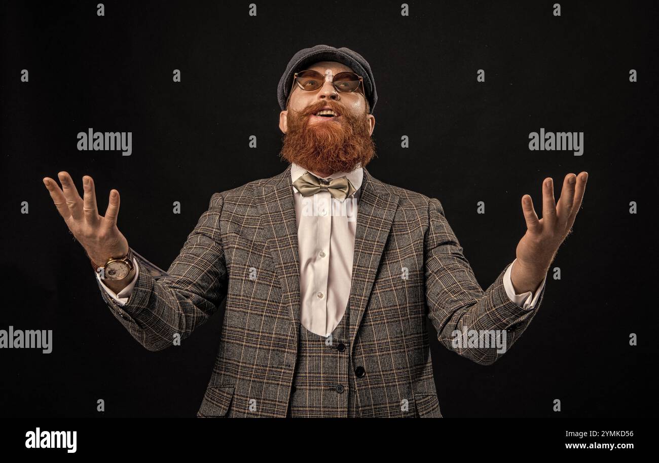 Man in retro suit. Male formal fashion. Brutal gentleman with moustache ...