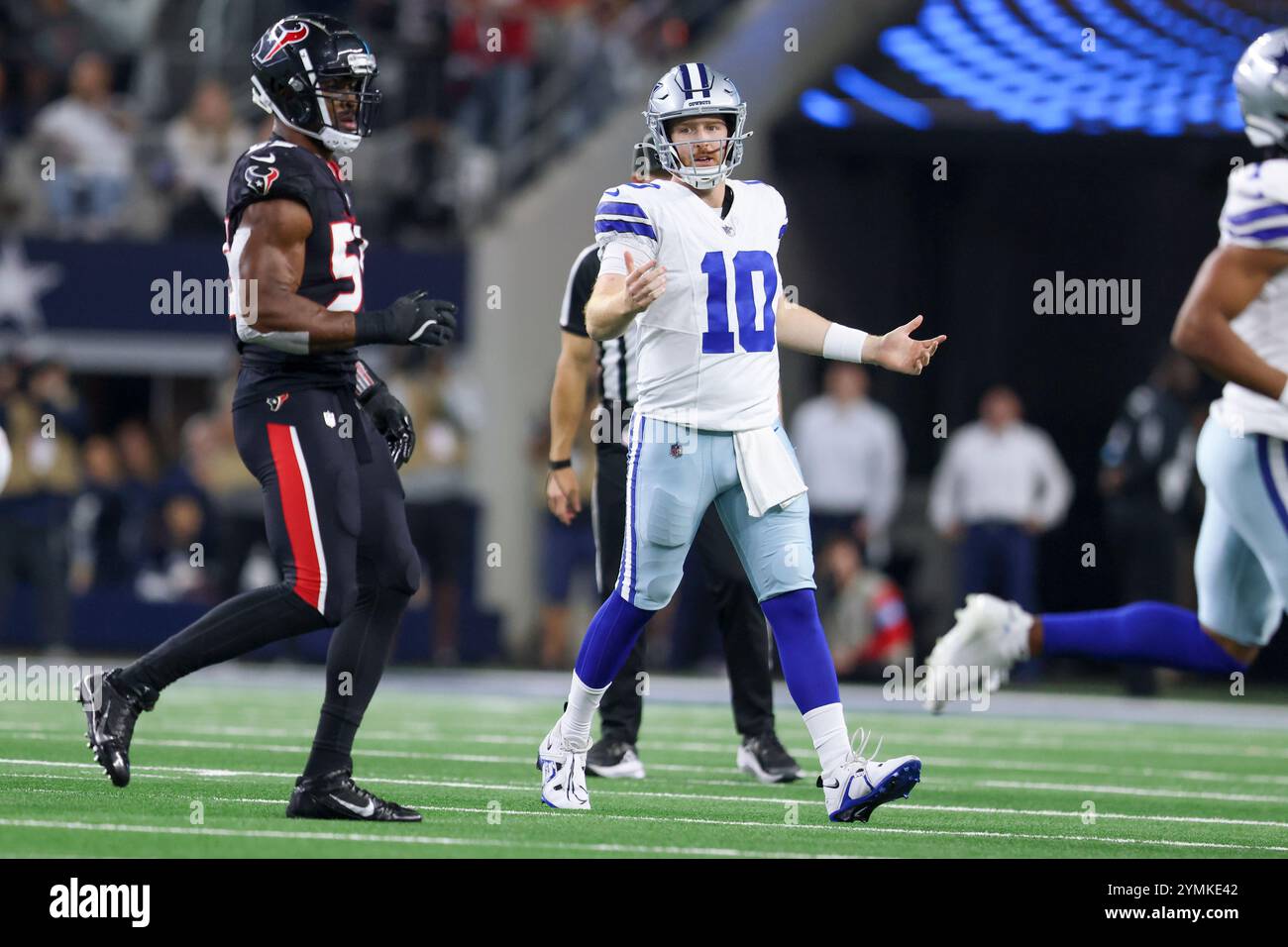 Dallas Cowboys quarterback Cooper Rush (10) reacts after throwing an ...