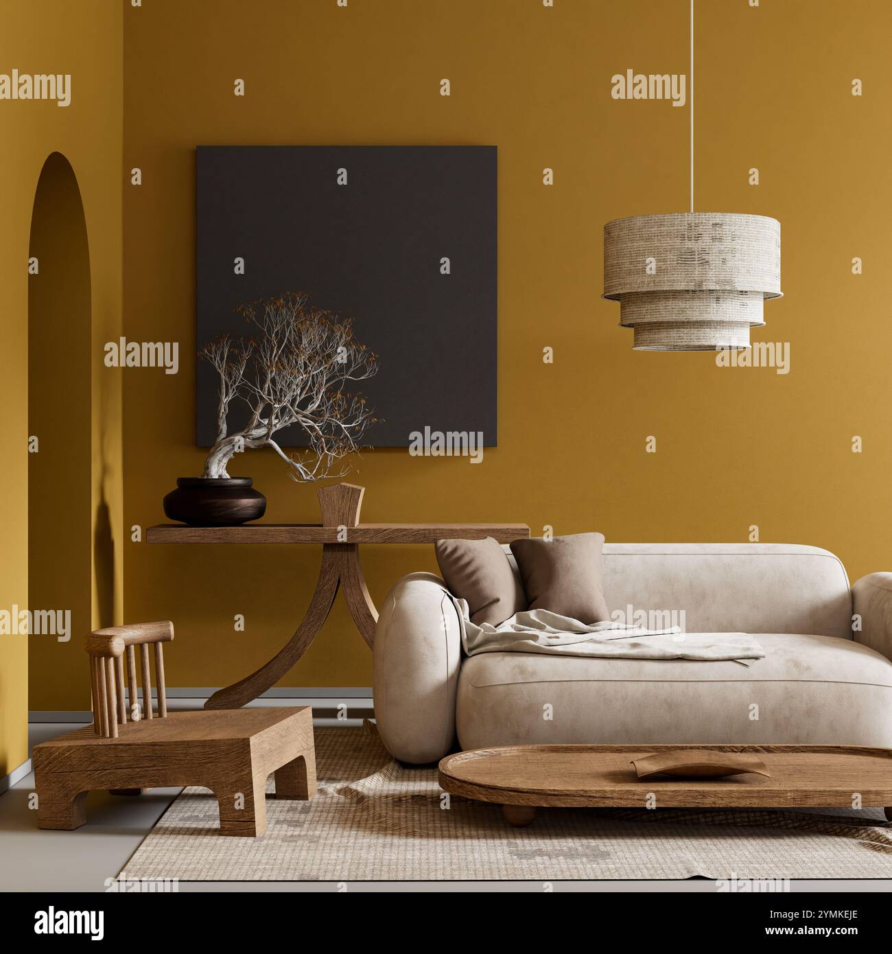 Japanese style interior design with wooden furnitures and raw materials ...