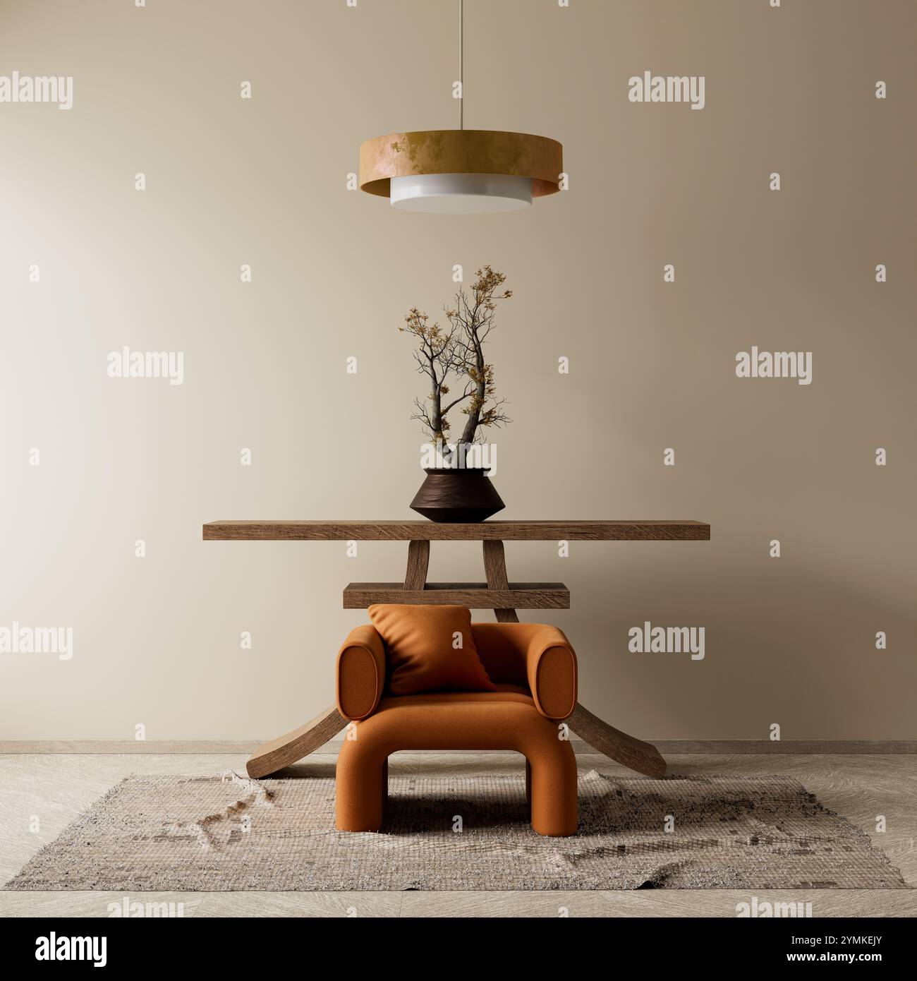 Japanese style interior design with wooden furnitures and raw materials ...