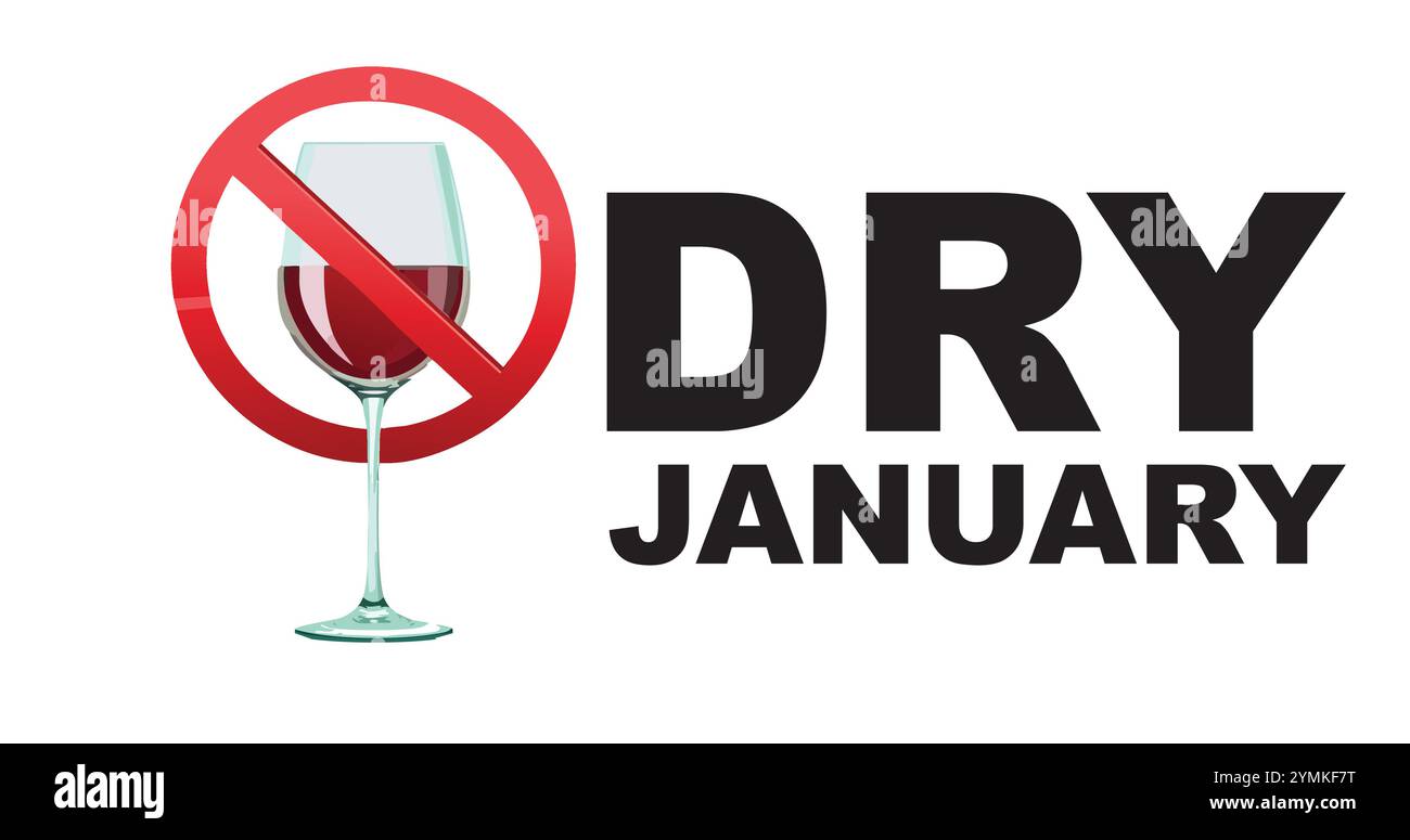 Dry January vector illustration featuring a crossed-out wine glass and ...