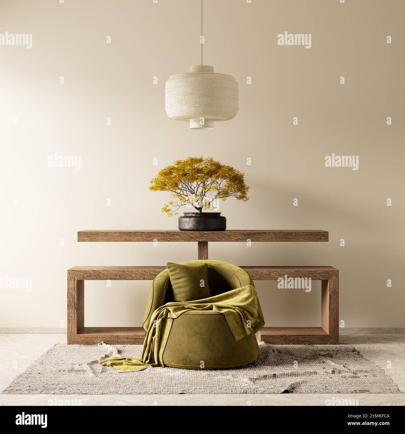 Japanese style interior design with wooden furnitures and raw materials ...