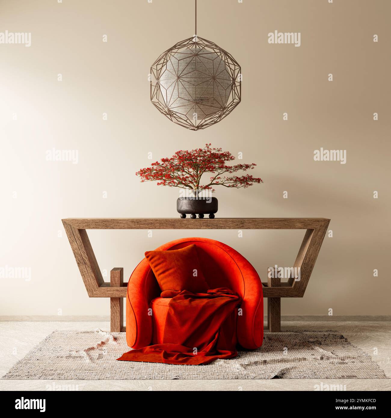 Japanese style interior design with wooden furnitures and raw materials ...