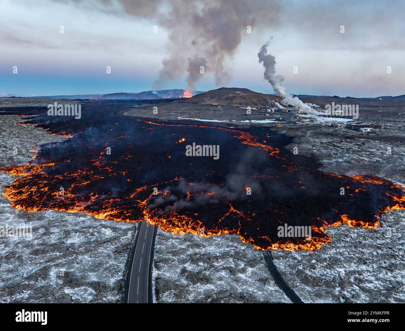Panoramic view of the eruption site with the Blue Lagoon area to the ...