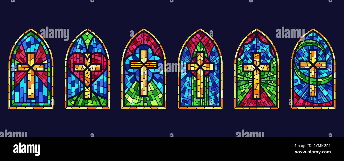 Church glass windows set. Gothic cathedral color stained frames ...