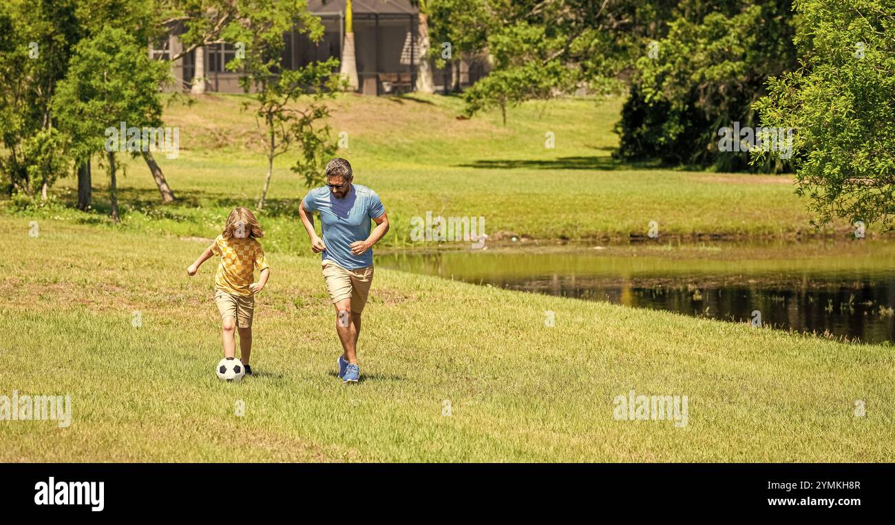 football family team of father and son, copy space banner. Fatherhood ...