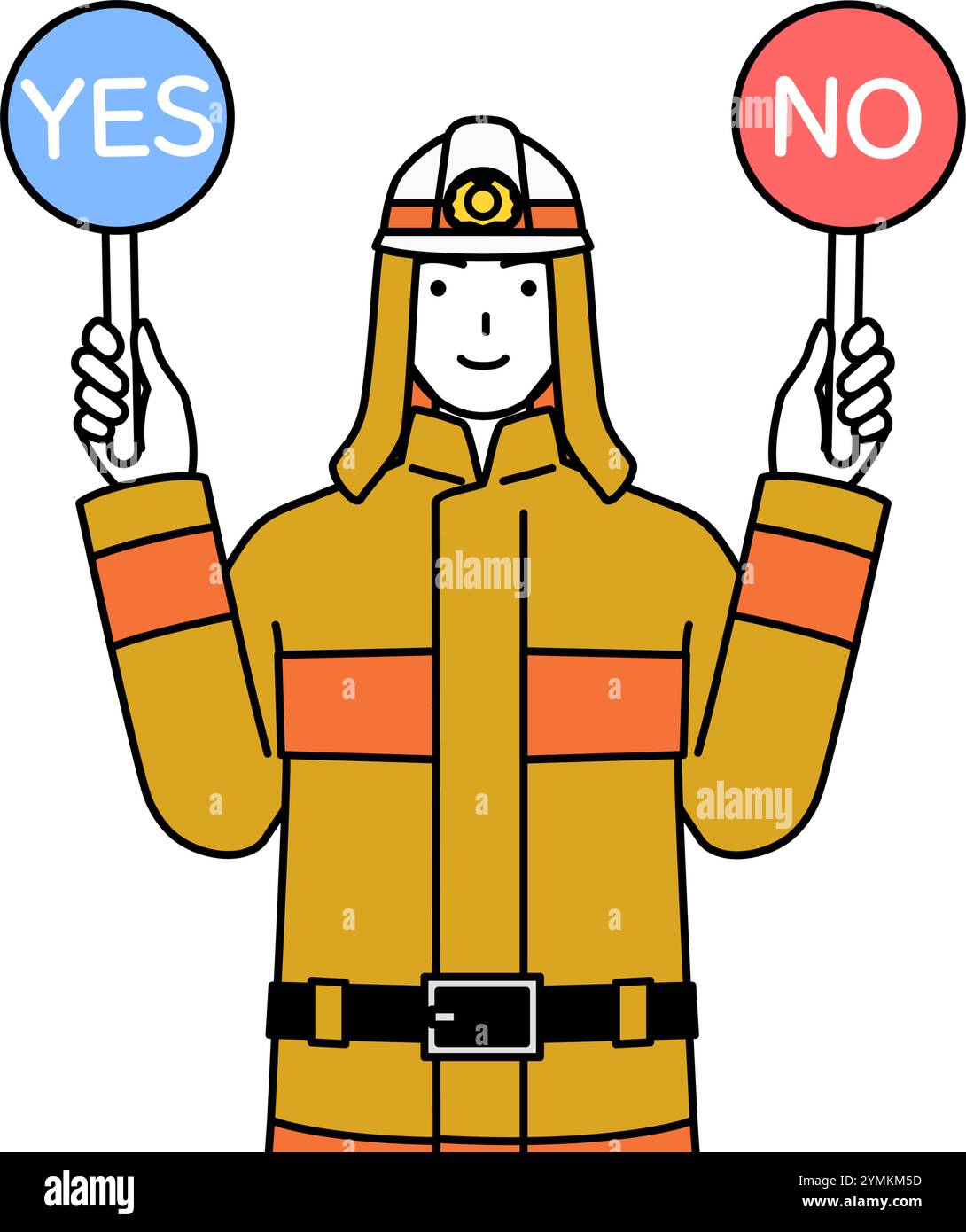 Firefighter in fire uniform holding a placard indicating correct and ...