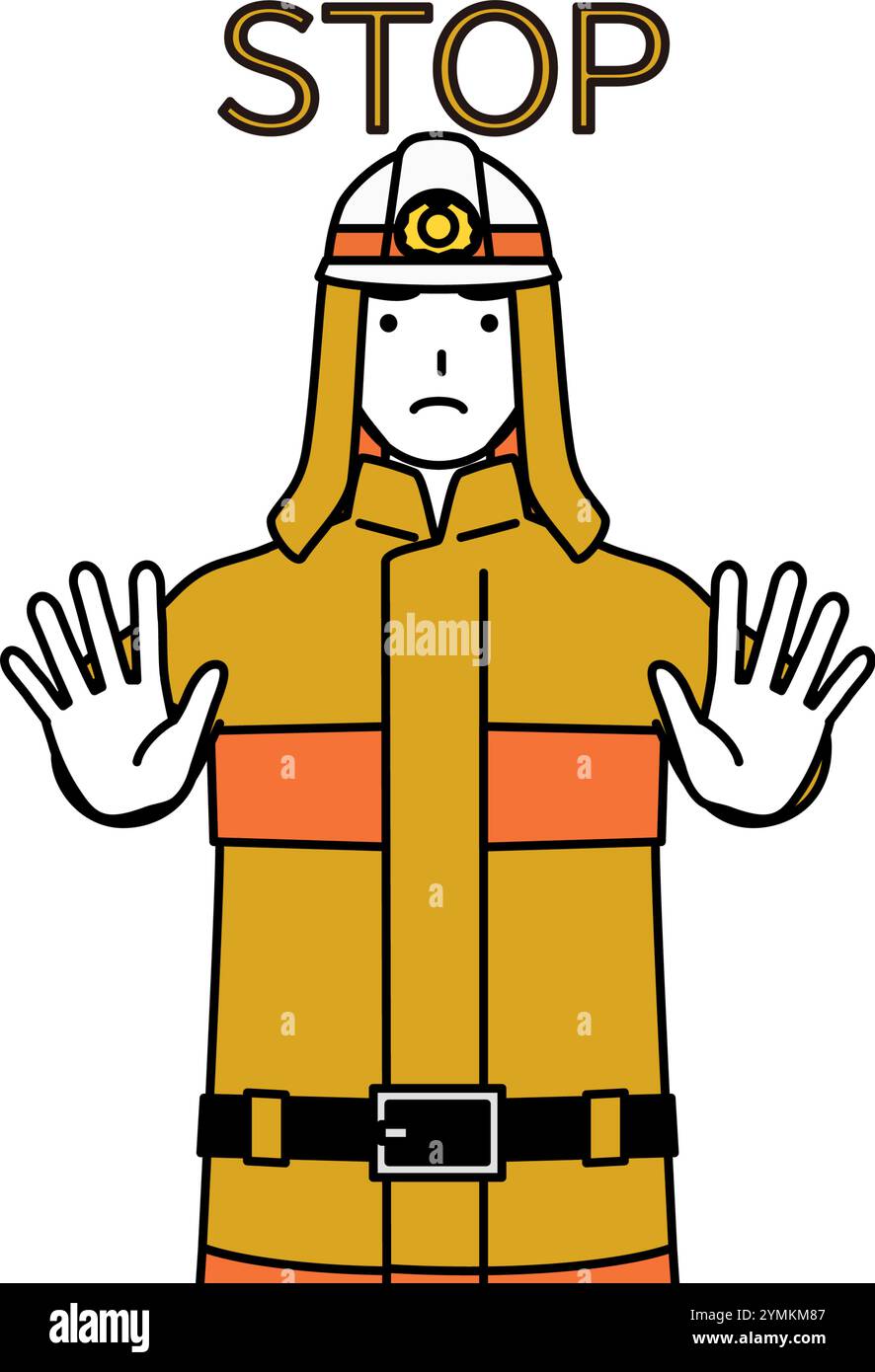 Firefighter in fire uniform with his hands out in front of his body ...