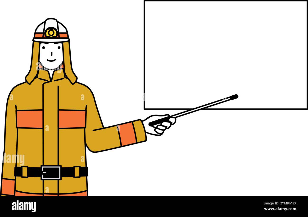 Firefighter in fire uniform pointing at a whiteboard with an indicator ...