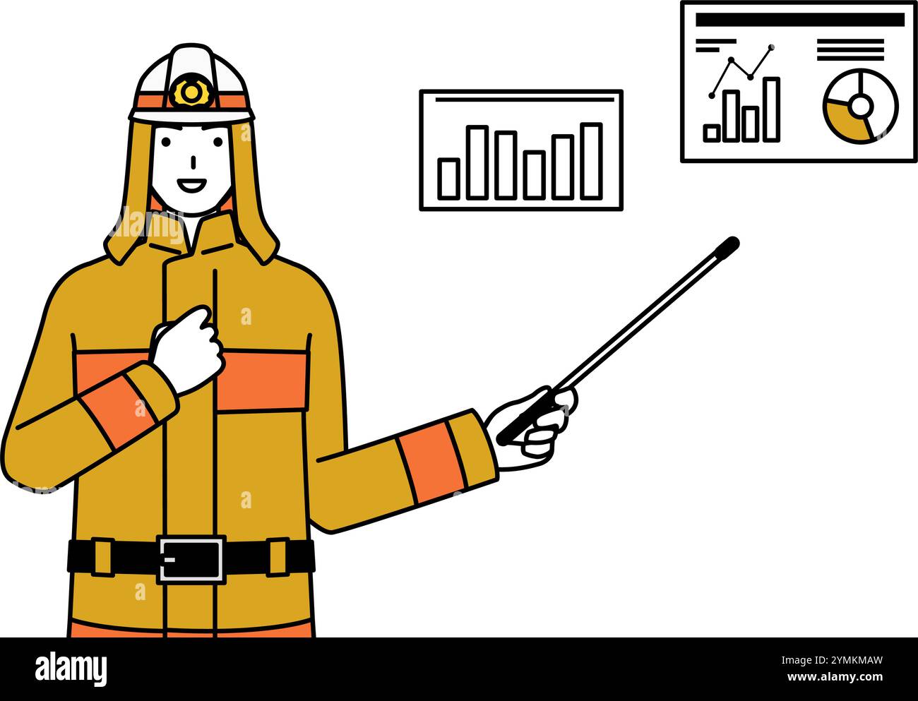 Firefighter in fire uniform analyzing a performance graph, Vector ...