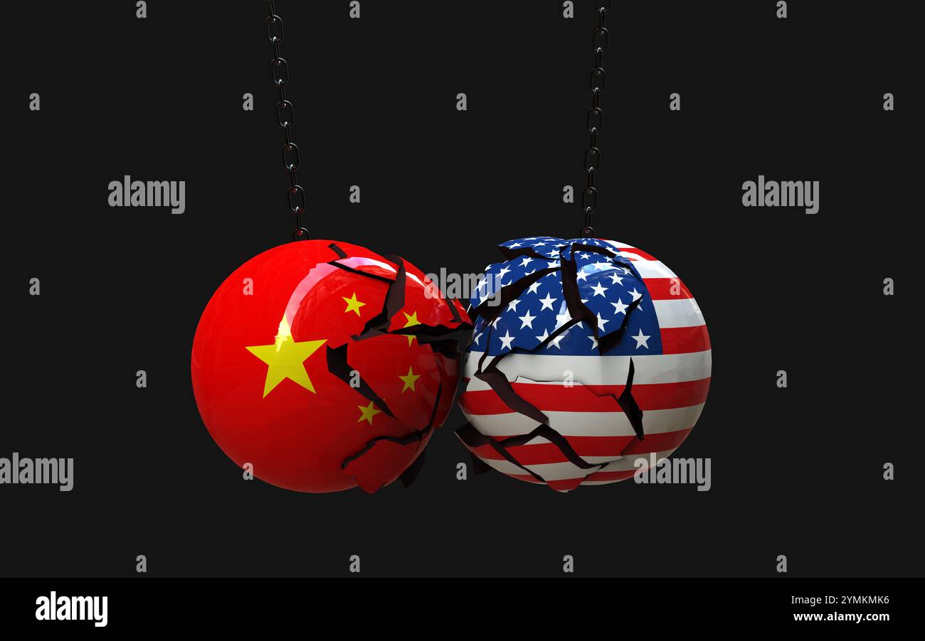 3d illustration Symbol of a two metal ball China and USA flag Attack ...