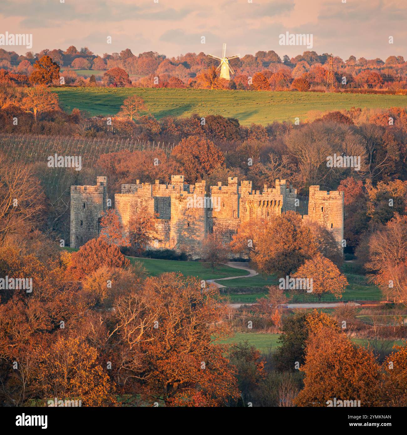 Bodiam castle during autumn from the high weald east Sussex south east ...