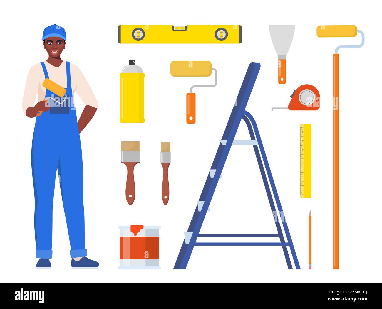 Black Woman painter in uniform with paint roller. Set of painting tools ...