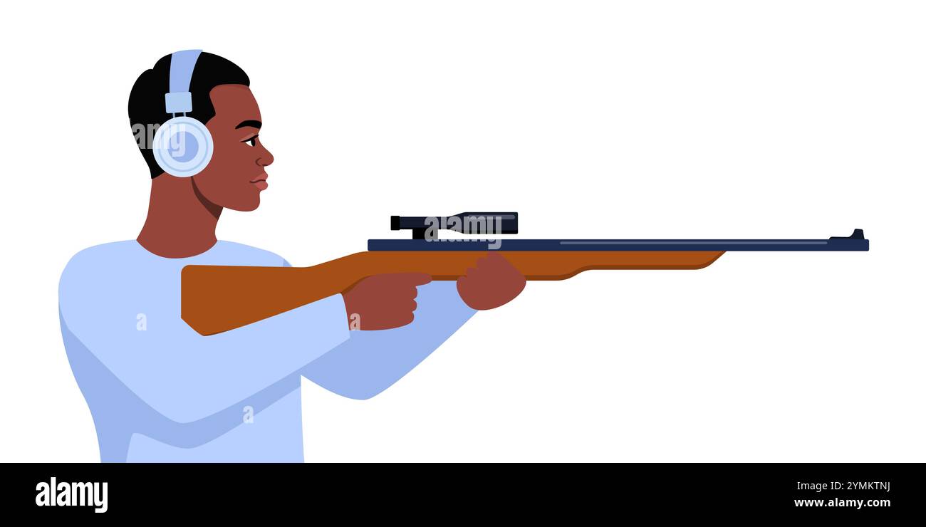 Sport shooting. Aiming Black man with rifle. Male Character In Ear ...