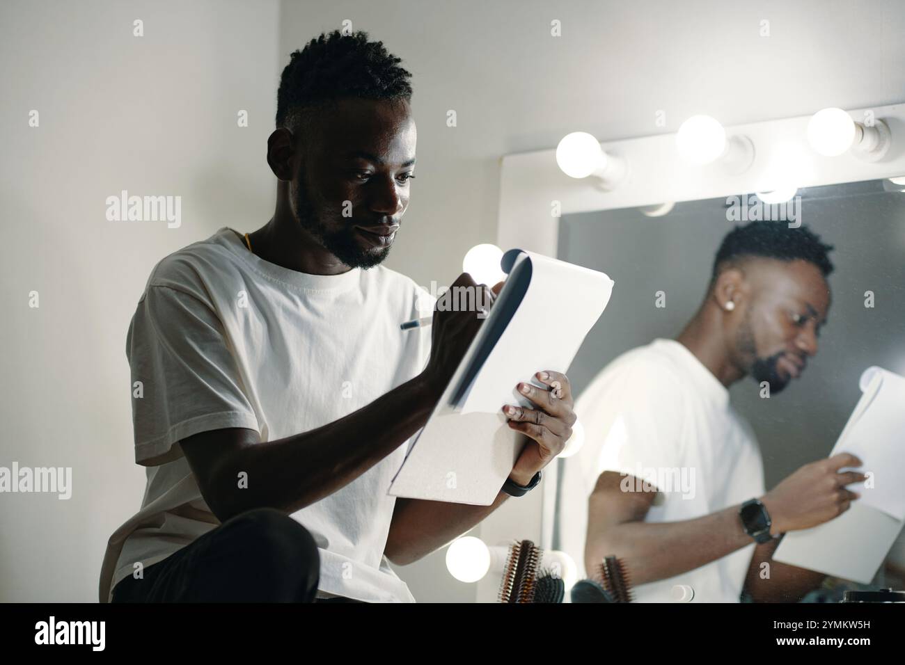 Writing Notes in Dressing Room with Mirror Lights Stock Photo - Alamy