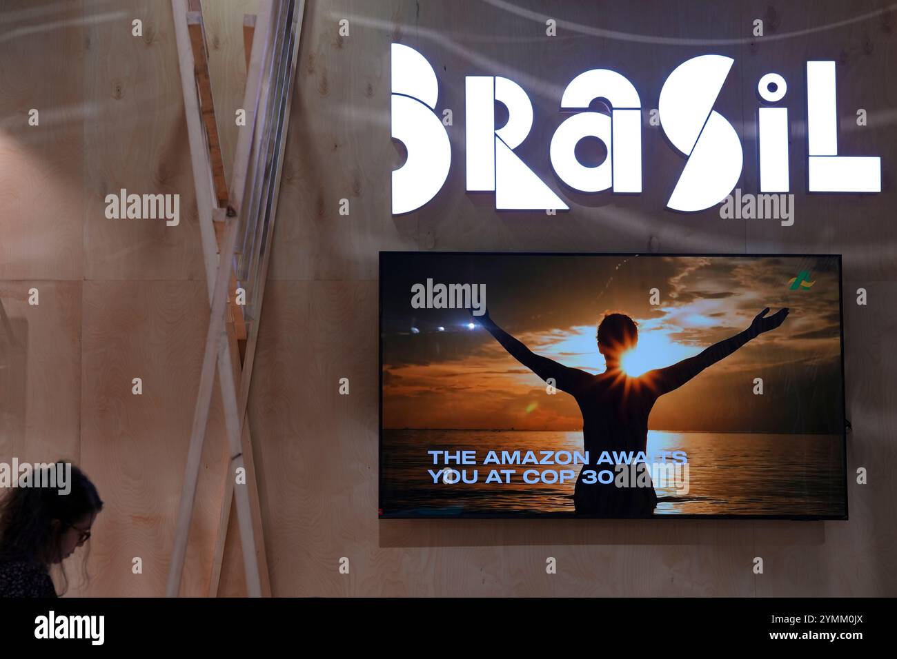 A television reads "the Amazon awaits you at COP30" at the Brazil ...