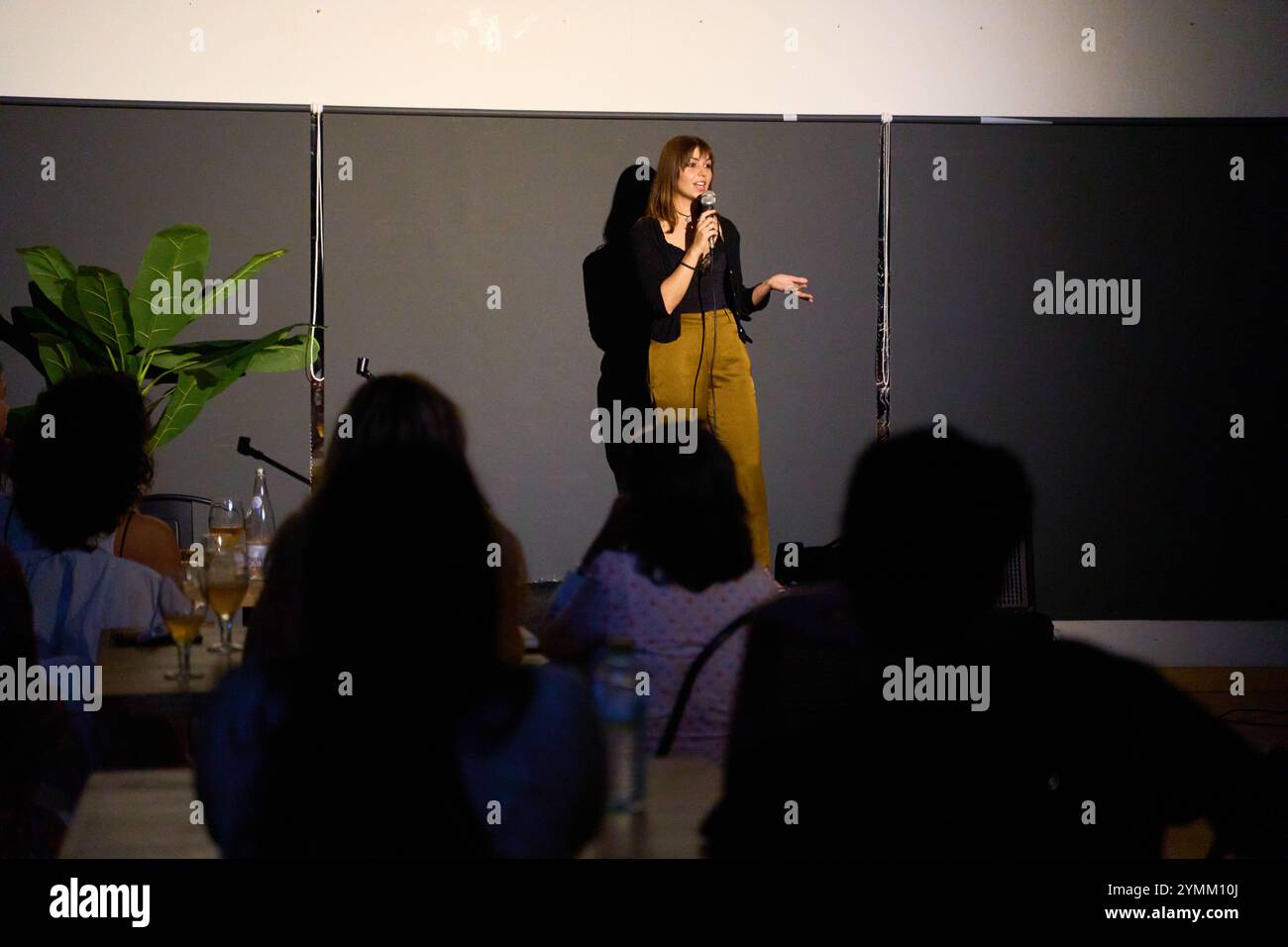 Female performer delivering a monologue on stage in an alternative ...