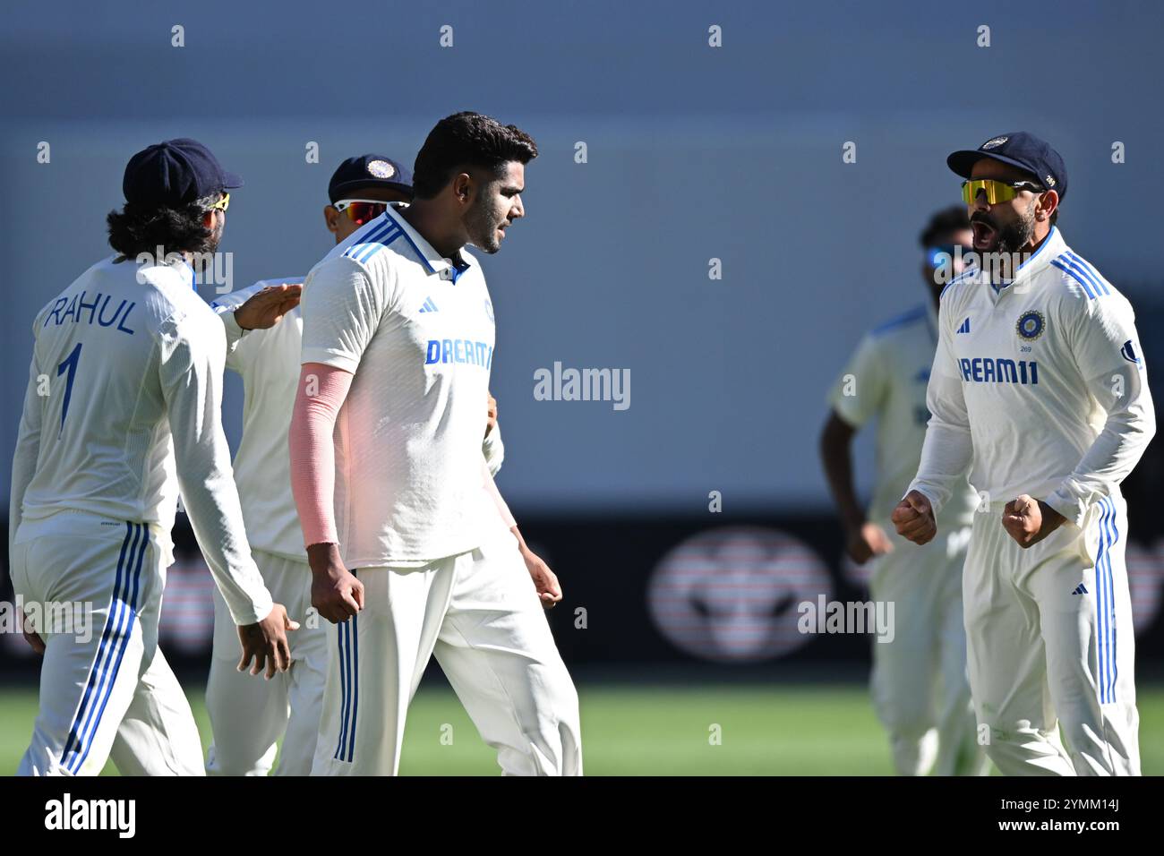 Perth, Australia. 22nd Nov, 2024. Harshit Rana of India celebrates his ...