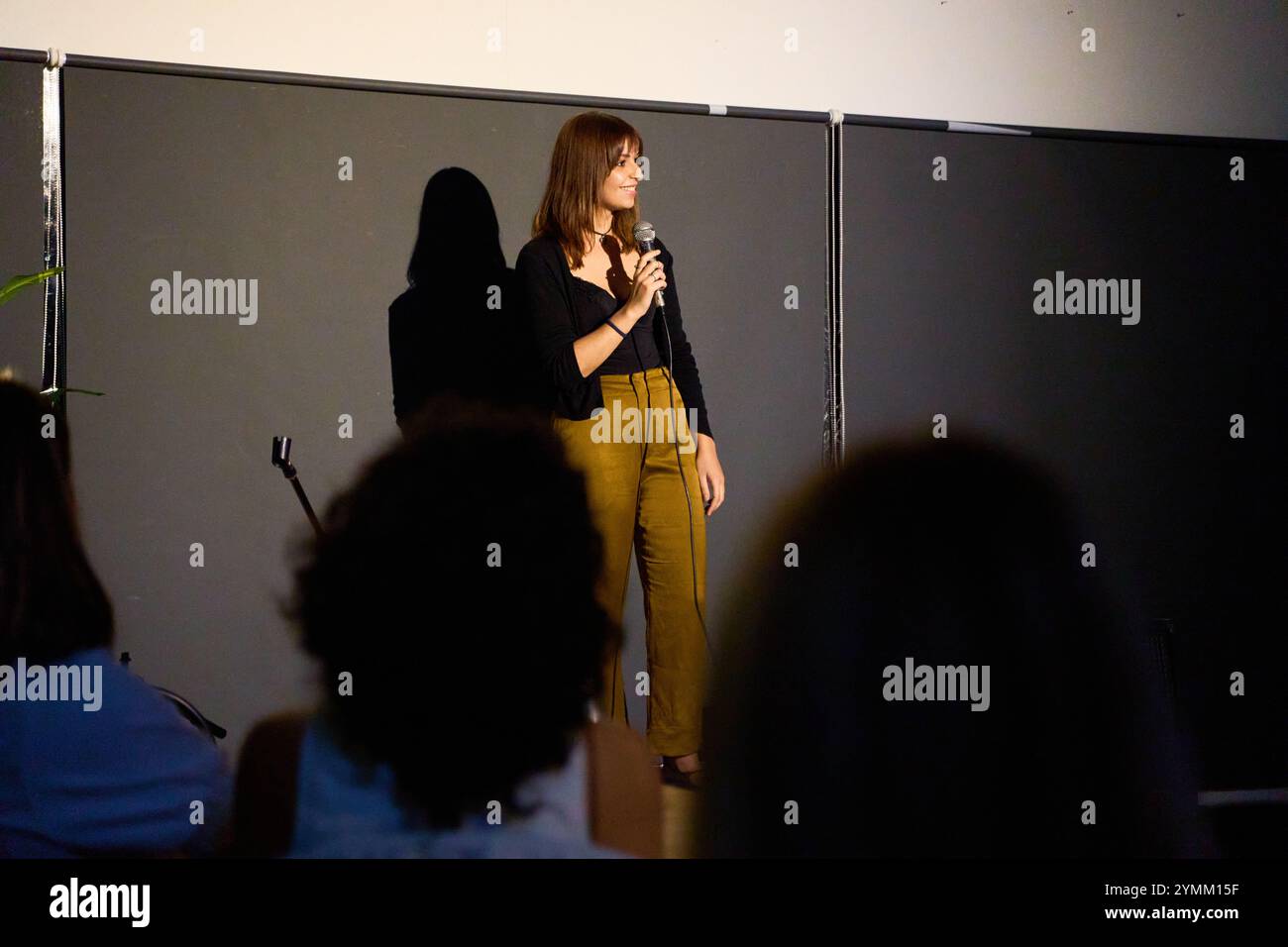 Female performer delivering a monologue on stage in an alternative ...