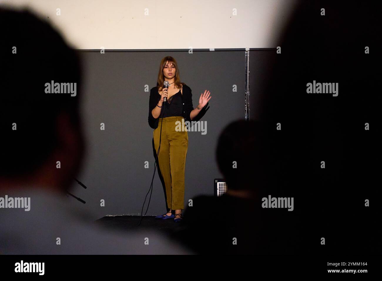 Female performer delivering a monologue on stage in an alternative ...