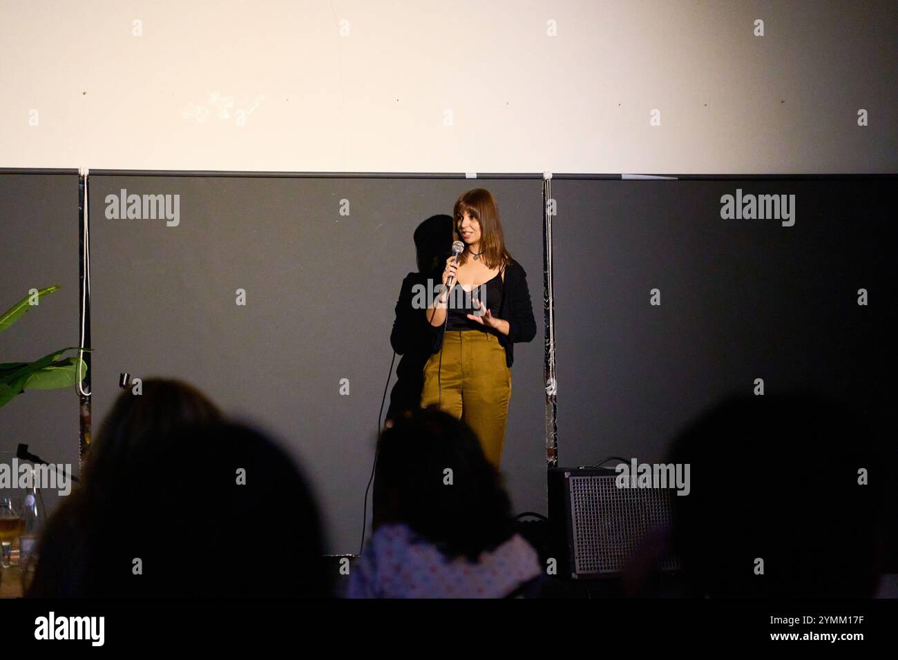 Female performer delivering a monologue on stage in an alternative ...