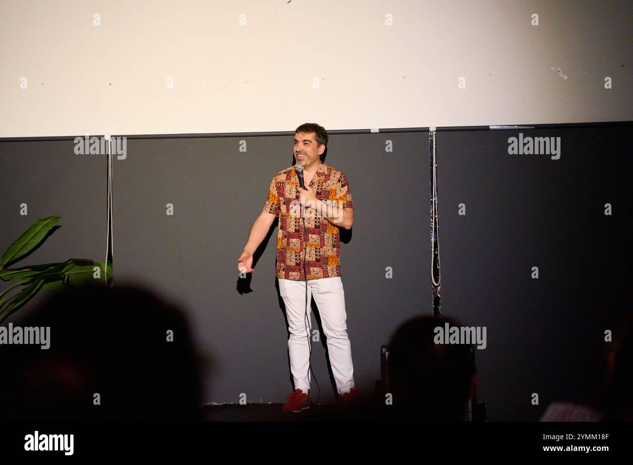 Male performer delivering a monologue on stage in a dimly lit theater ...
