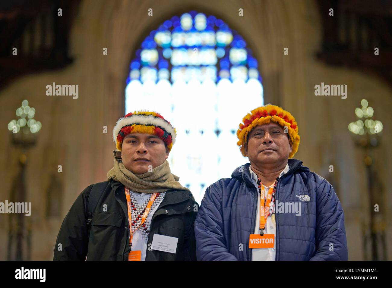 Indigenous leaders from the Wampis Nation in Peru, Tsanim Evaristo Wajai Asamat, left, and Pamuk ...