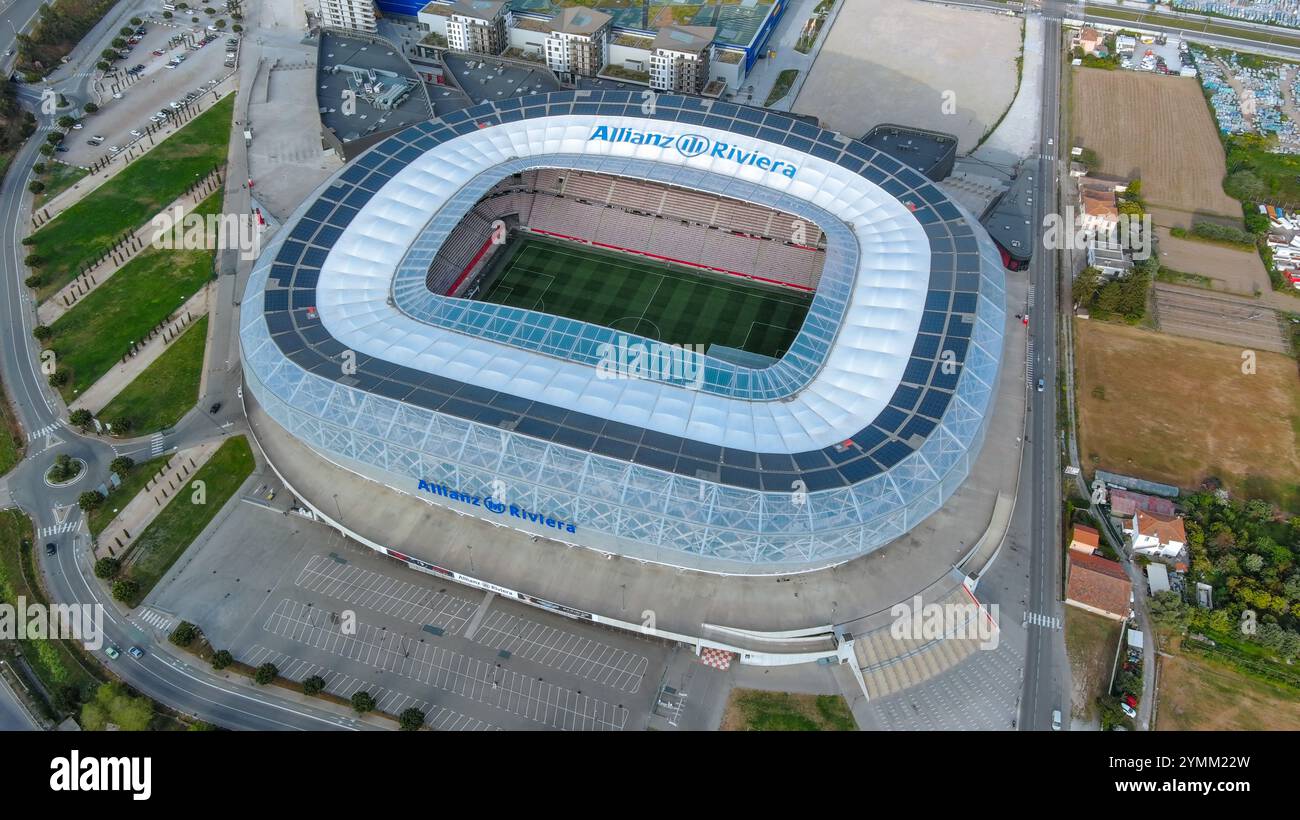 Top-down aerial view of Allianz Riviera stadium in Nice, France ...