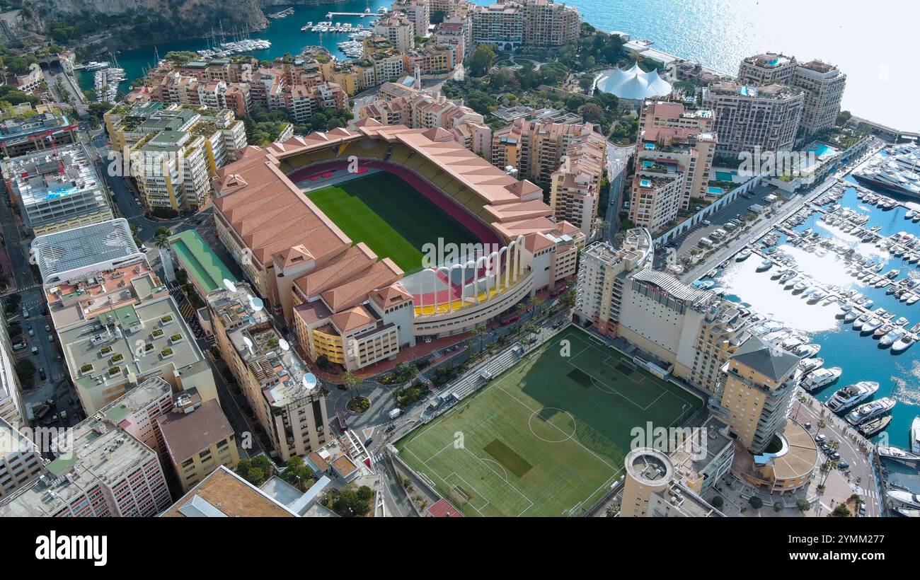 Aerial view of Stade Louis II in Monaco surrounded by luxurious ...
