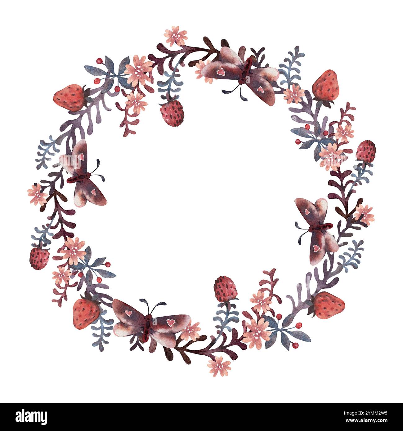 Strawberry, raspberry and butterfly watercolor wreath. Hand drawn ...